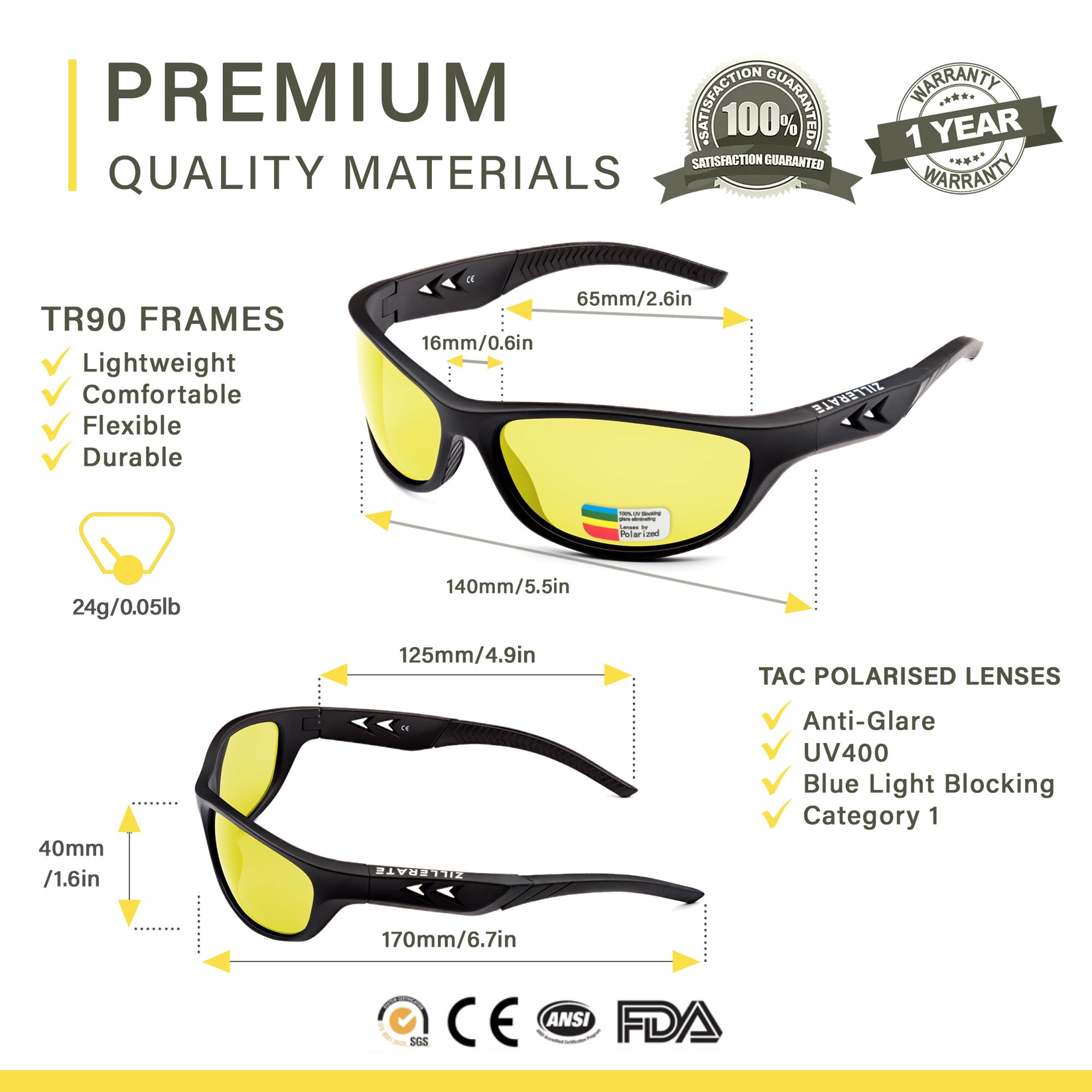 ZILLERATE Night Driving Glasses - Anti Glare Yellow Tinted Lenses for ...